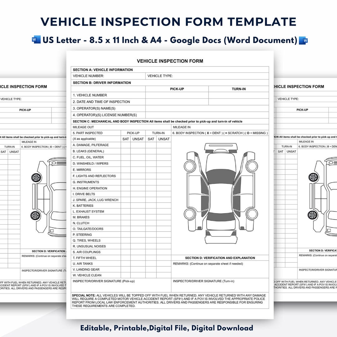 Vehicle Inspection Report Form Template, Editable & Printable, Google ...