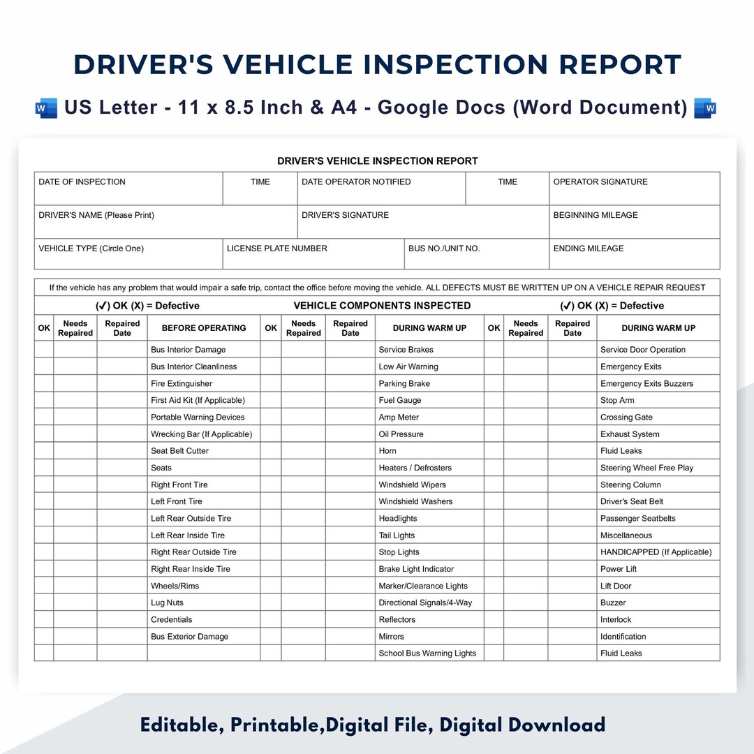 Driver's Vehicle Inspection Report Template - Daily Pre-trip Inspection ...