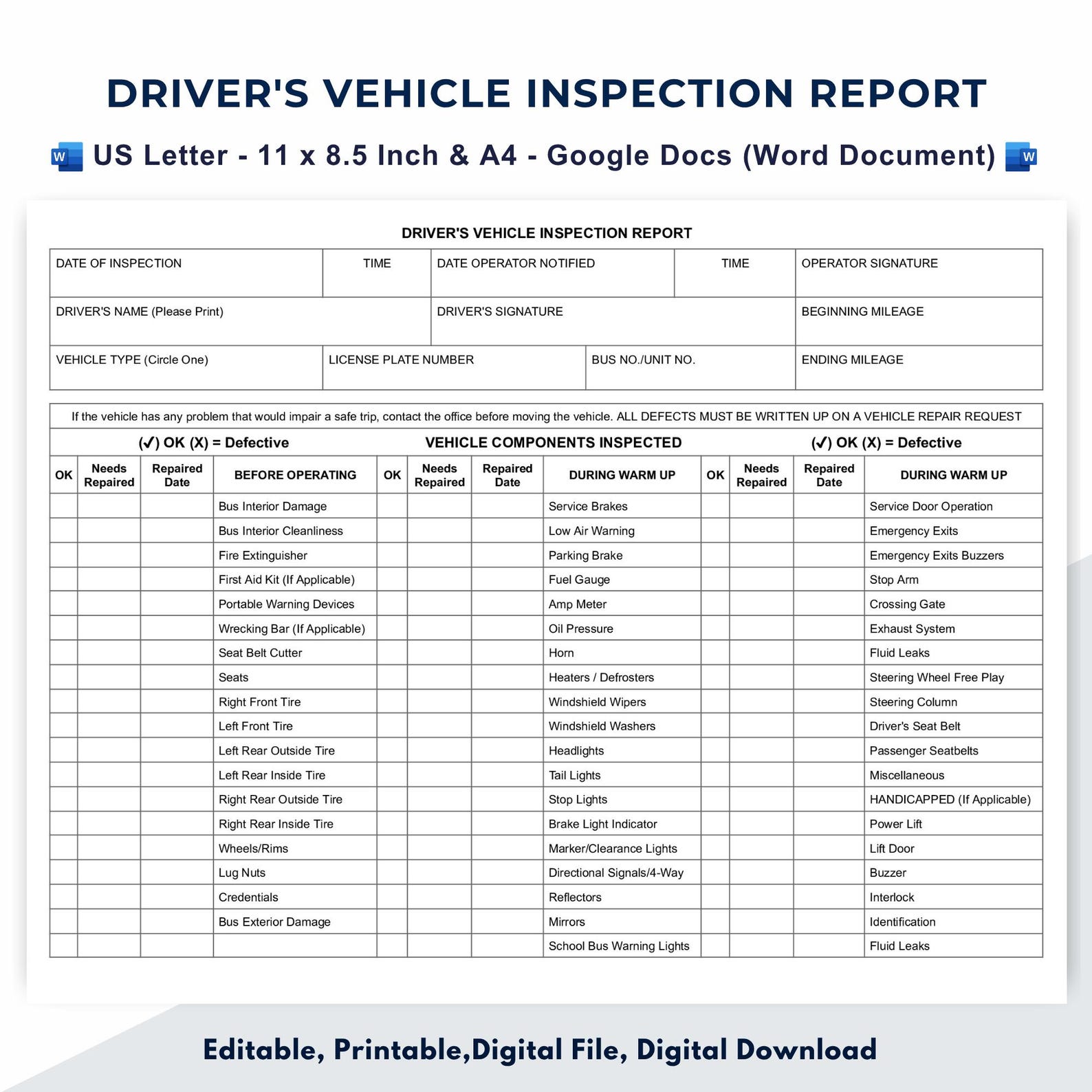Driver's Vehicle Inspection Report Template, Daily Pre-trip Inspection ...