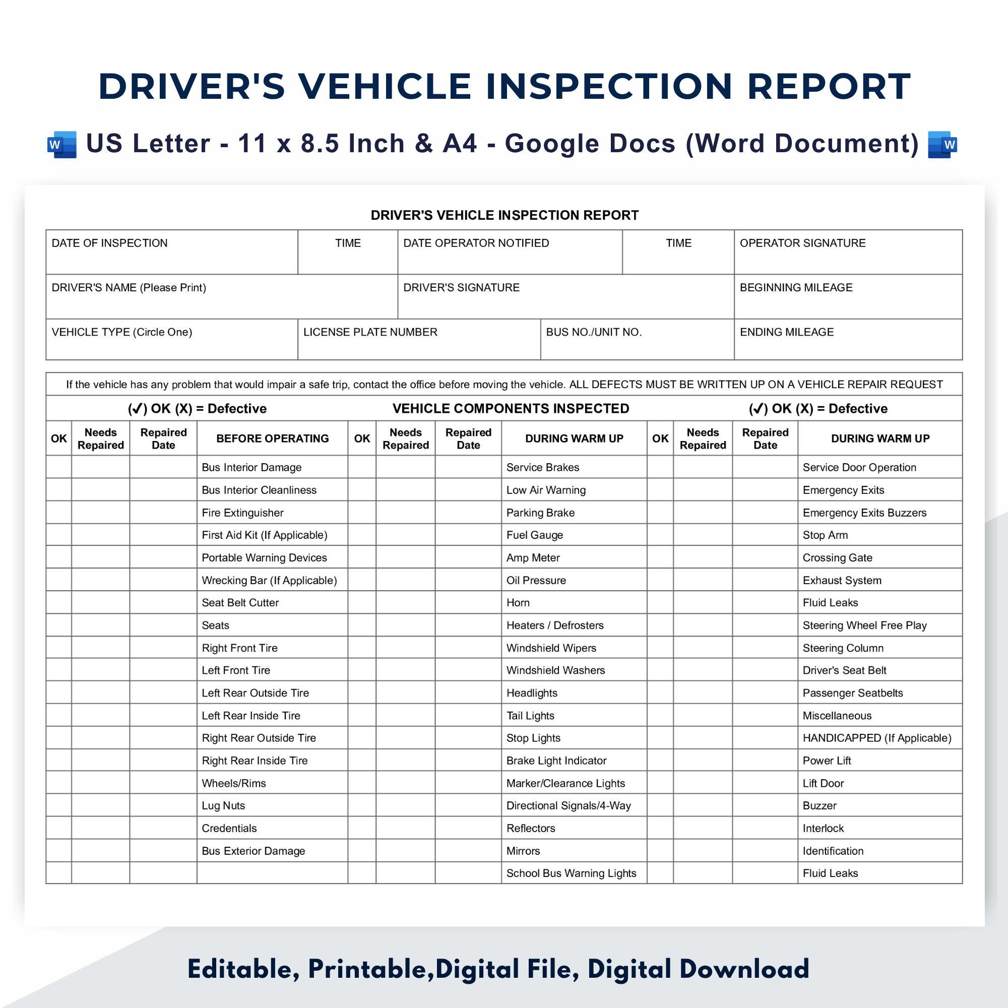Driver Vehicle Inspection Report Template, Daily Pre-trip Inspection ...