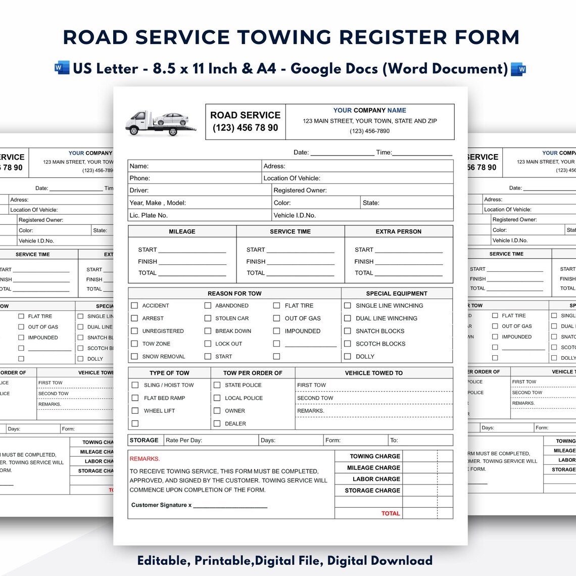 Road Service Invoice Template, Towing Register Form, Editable Google ...