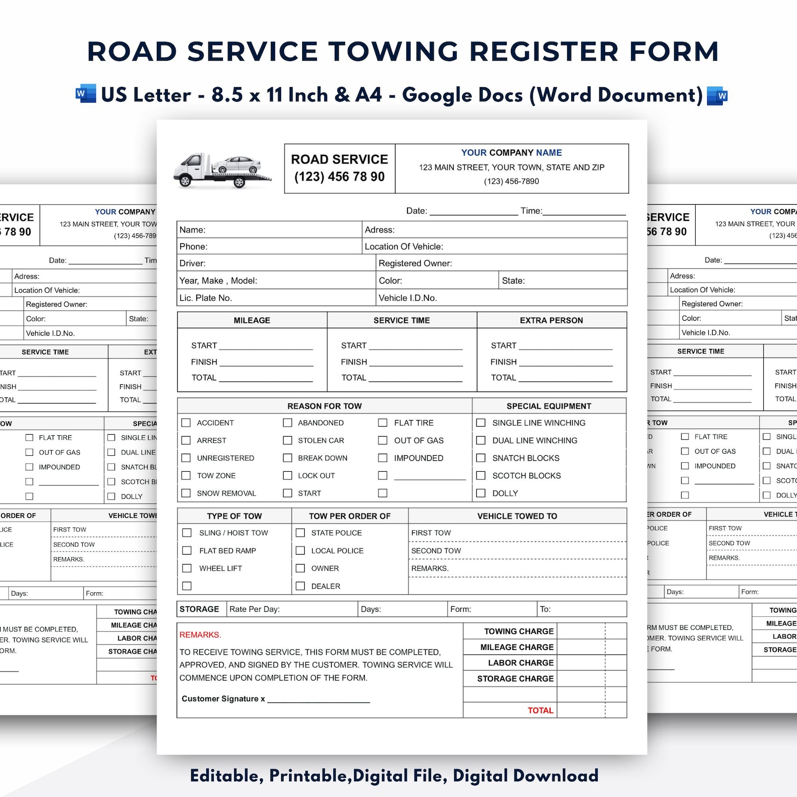 Road Service Invoice Template, Towing Register Form, Editable Google ...