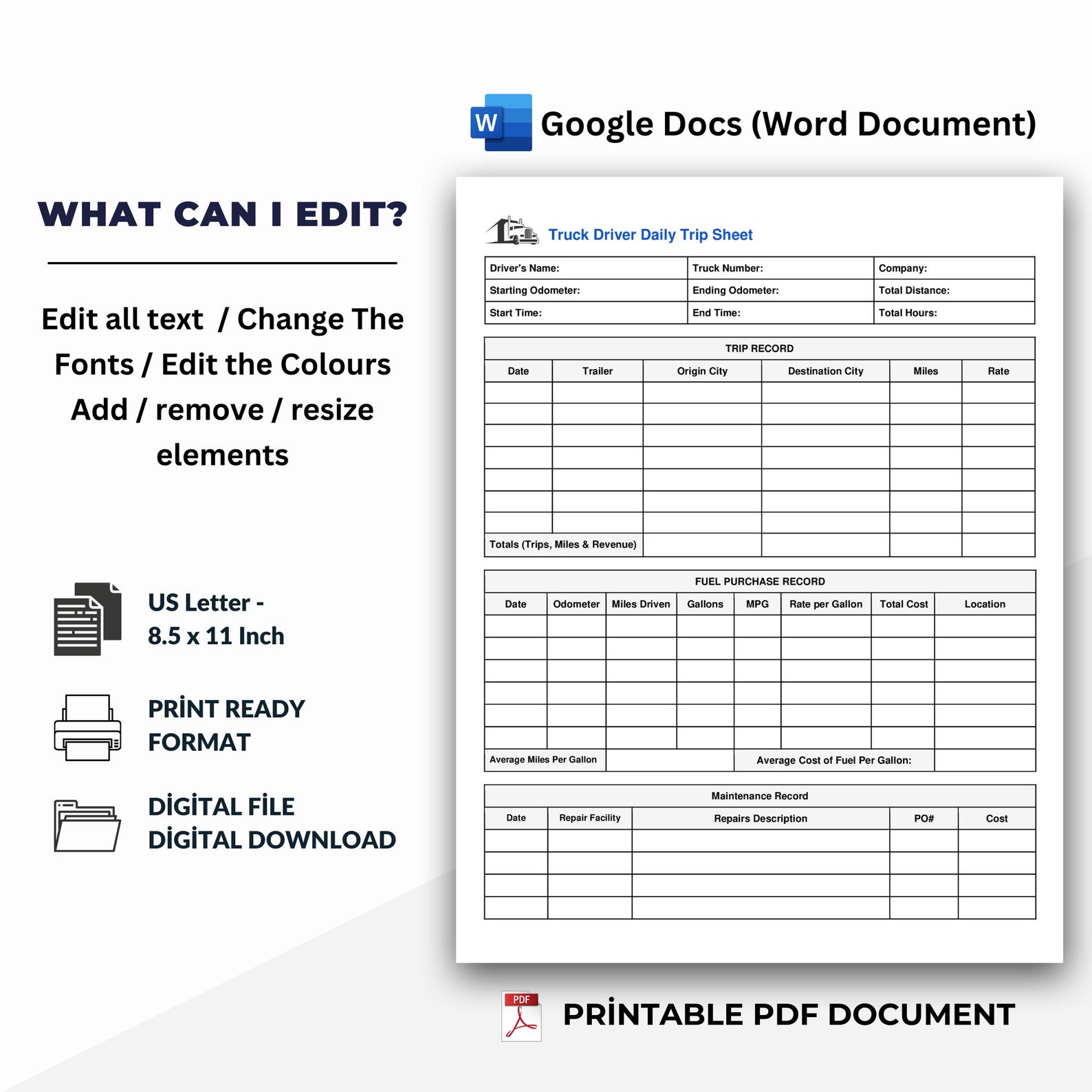 Truck Driver Daily Trip Sheet Template - Digital Download - Etsy