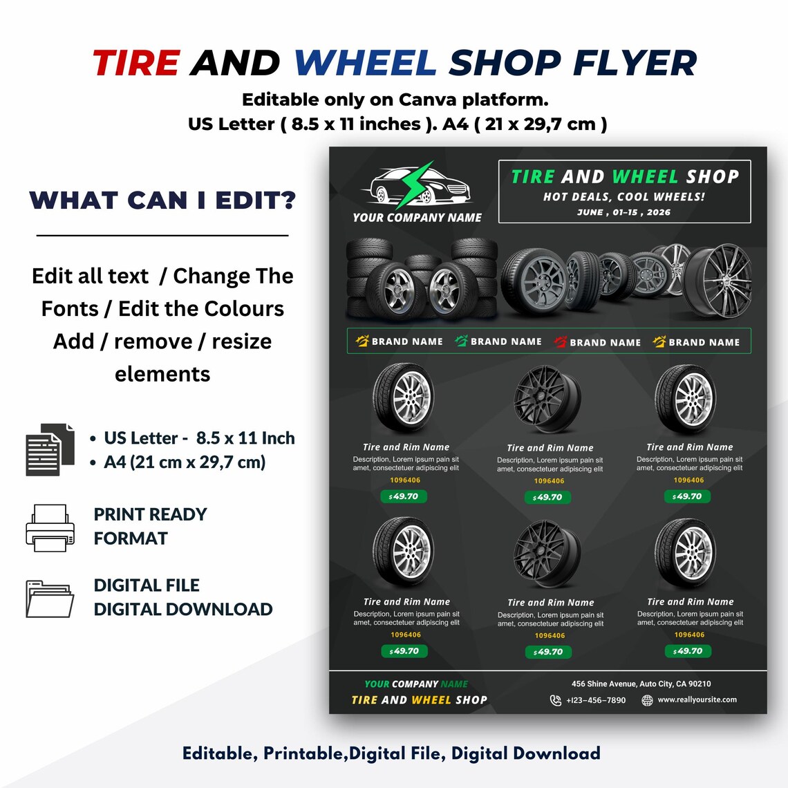 Tire and Wheel Shop Flyer Template, Editable & Printable Design - Etsy