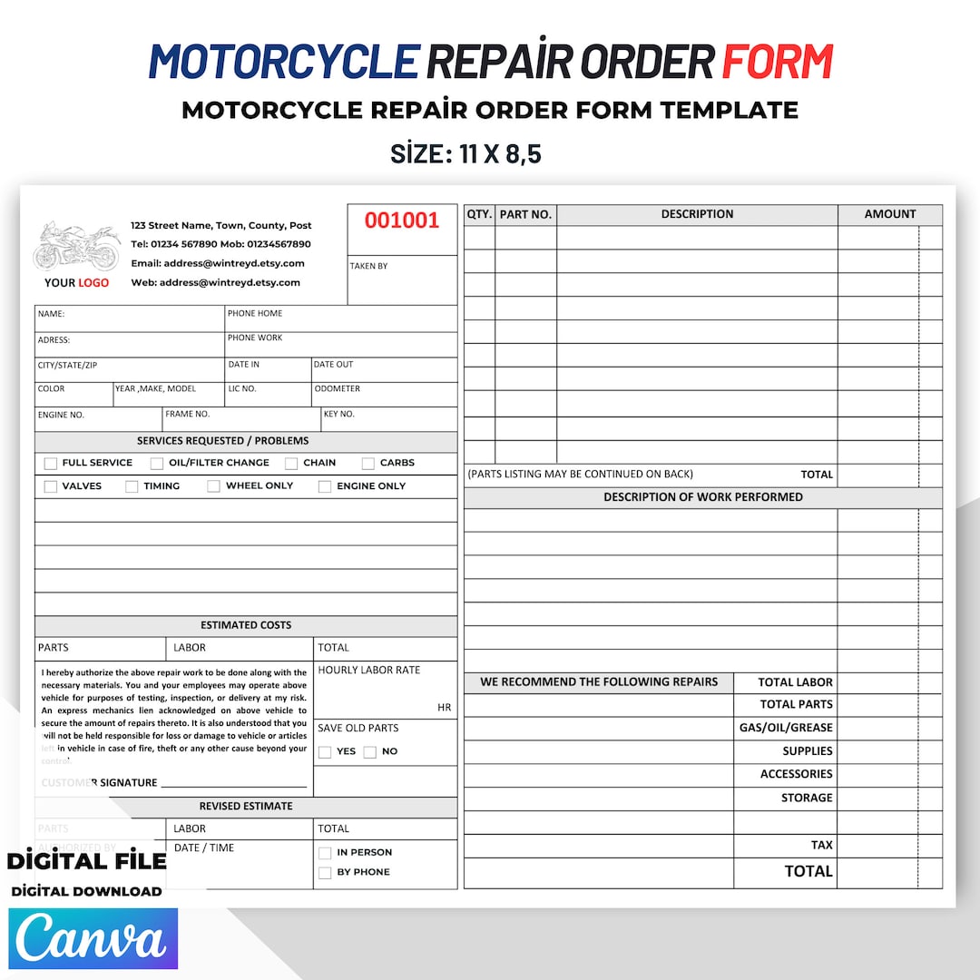 Motorcycle Repair Order Form, Service Invoice Template - Etsy