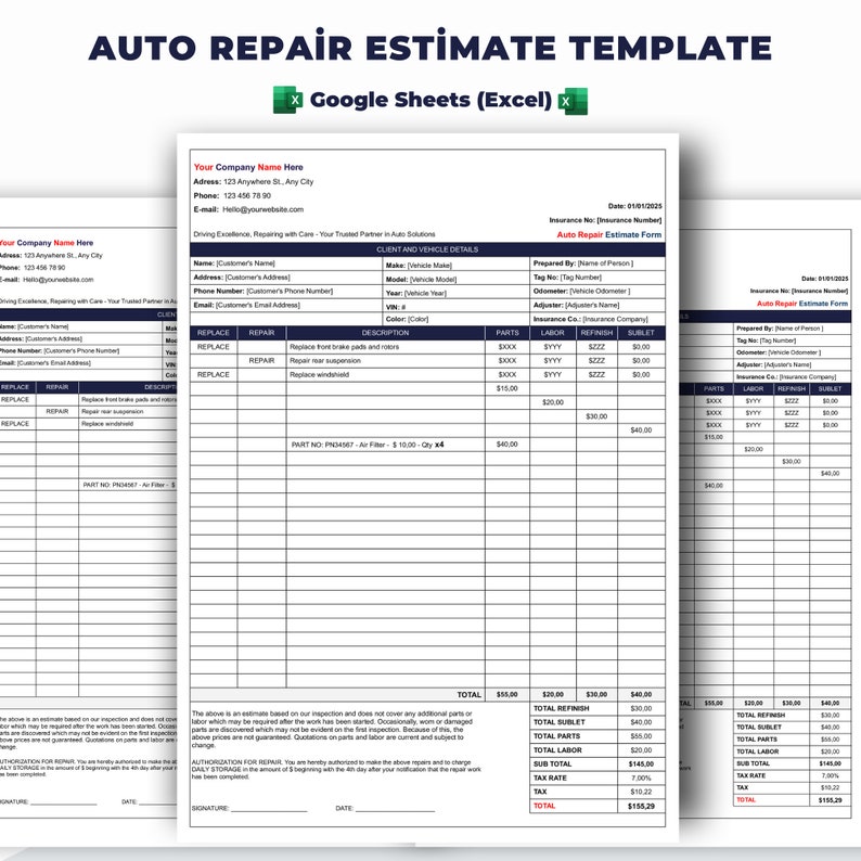 Auto Repair Estimate Template: Excel & Google Sheets (digital Download ...
