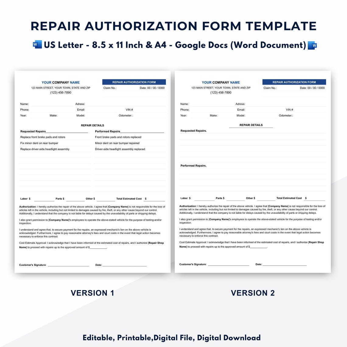 Repair Authorization Form Template, Editable Automotive Service Consent ...