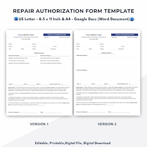Repair Authorization Form Template, Editable Automotive Service Consent ...