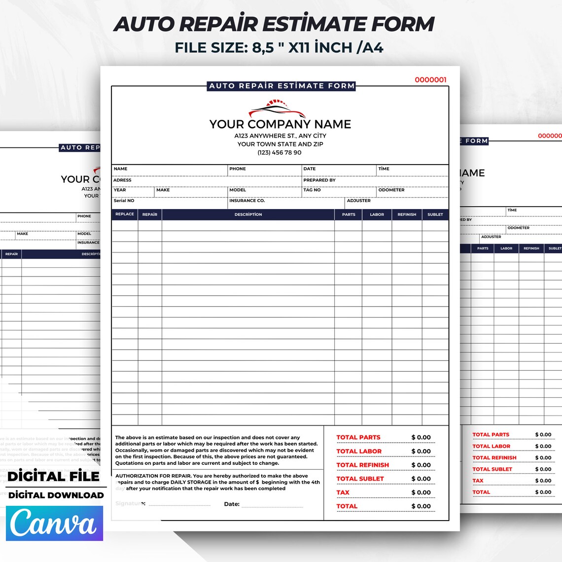 Auto Repair Estimate Form, Car Repair Estimate Form, Repair Estimate ...