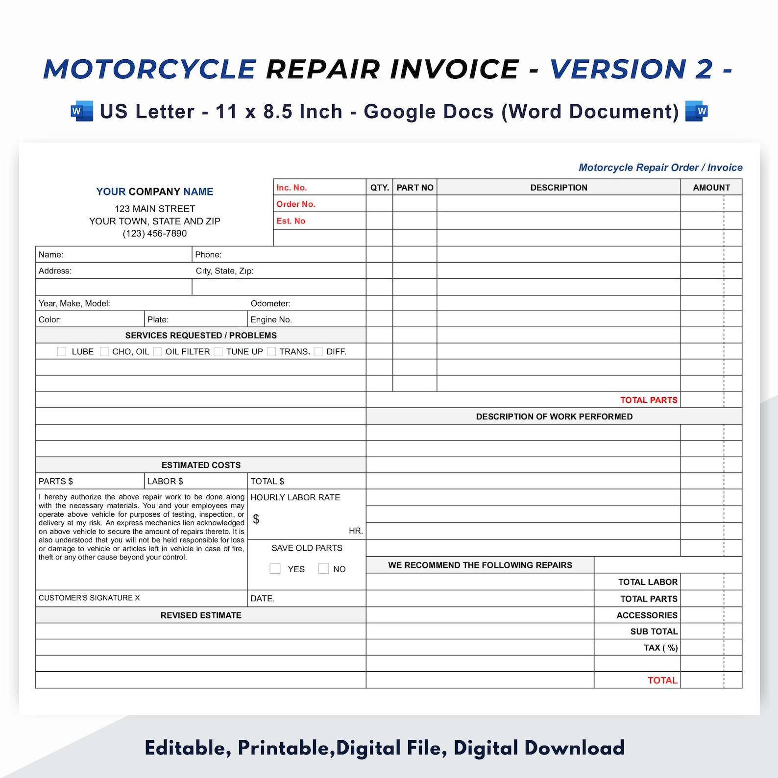 Motorcycle Repair Invoice Template, Repair Estimate Form - Etsy