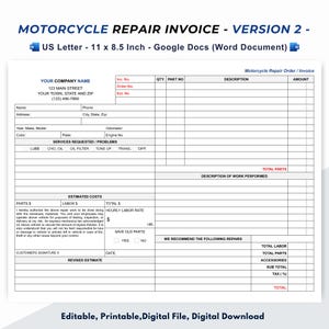 Motorcycle Repair Invoice Template, Repair Estimate Form - Etsy