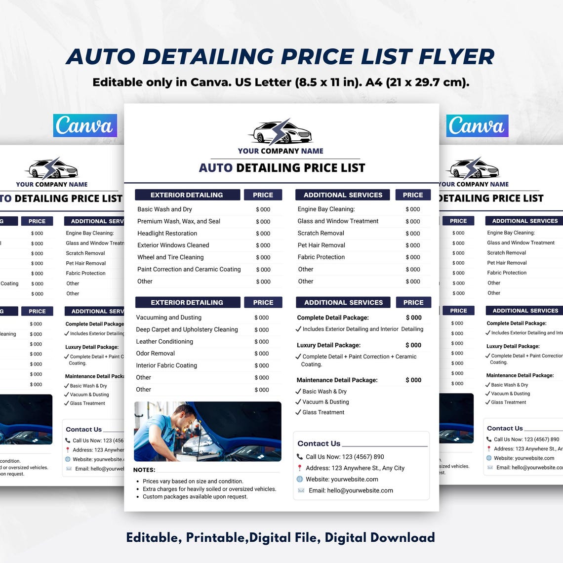 Auto Detailing Price List Template, Editable Canva Template - Etsy