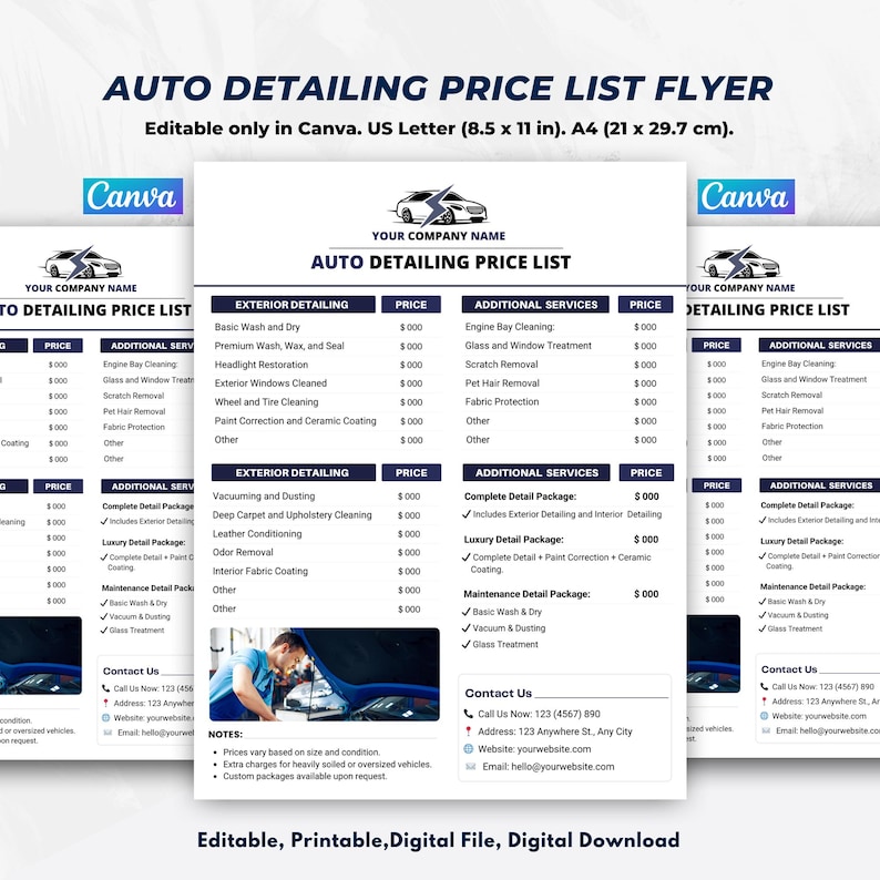 Auto Detailing Price List Template, Editable Canva Template - Etsy