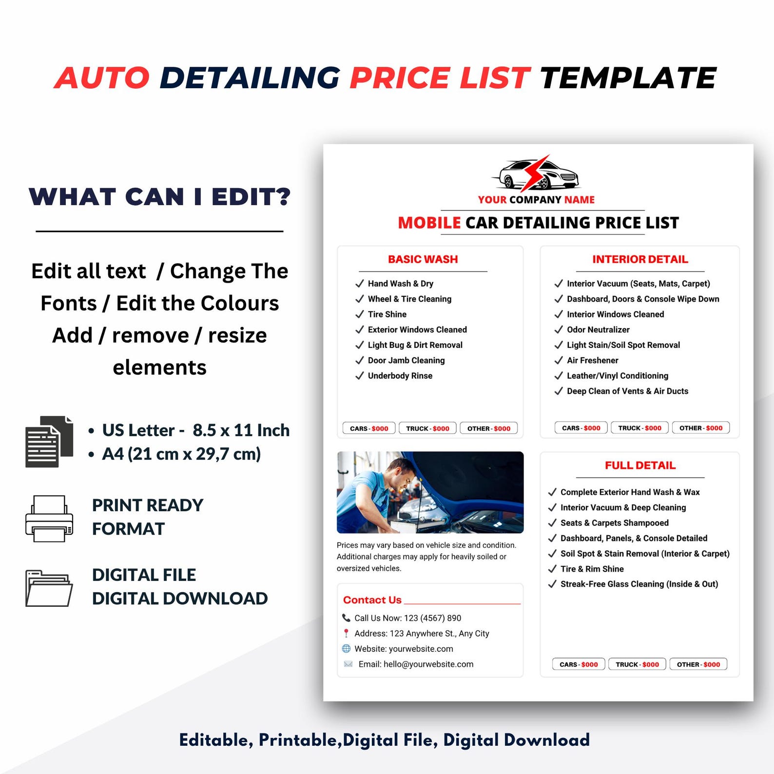 Mobile Car Detailing Price List Template, Auto Detailing Flyer - Etsy