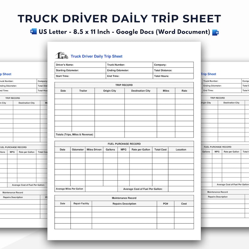 Truck Driver Daily Trip Sheet Template: Google Docs & PDF (digital ...