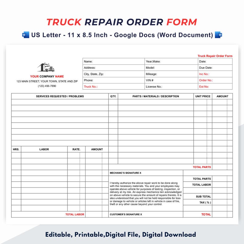 Truck Repair Invoice Template, Order and Estimate Template, Google Docs ...