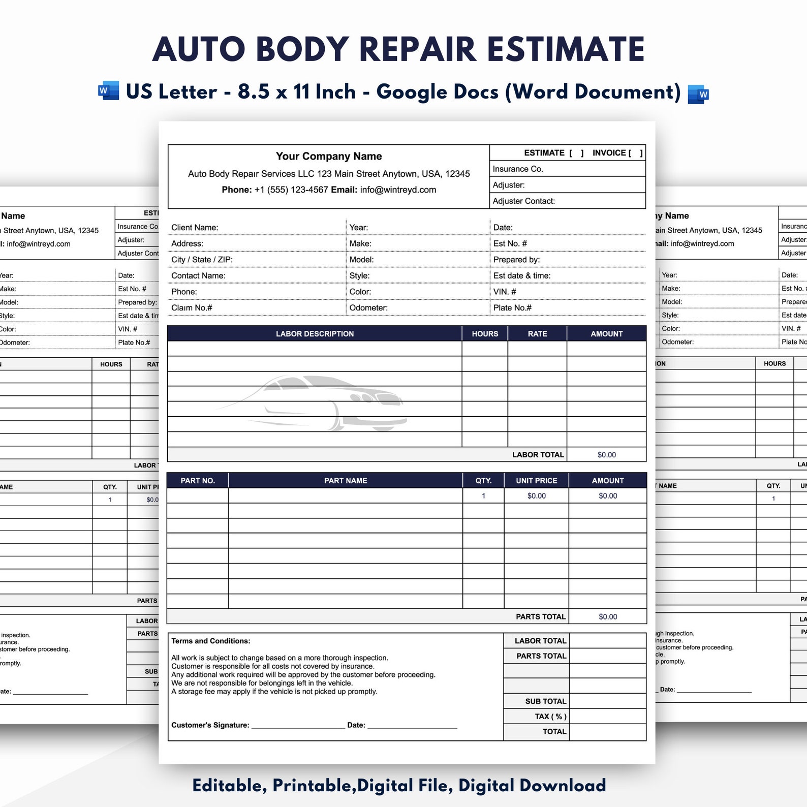Auto Body Repair Estimate and Invoice Template, Google Docs (word ...