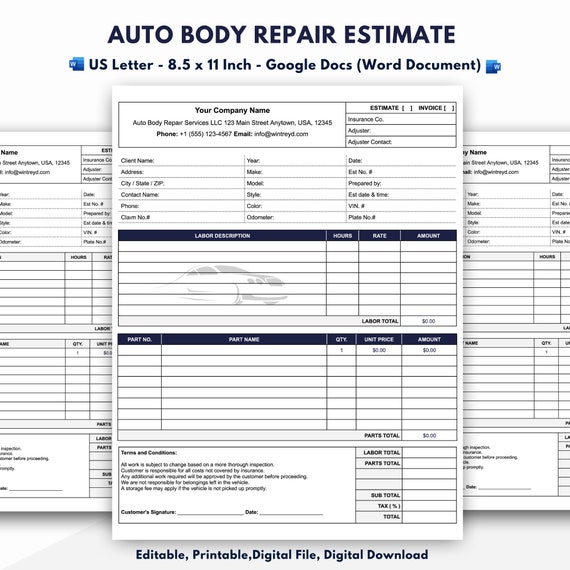Auto Body Repair Estimate Template