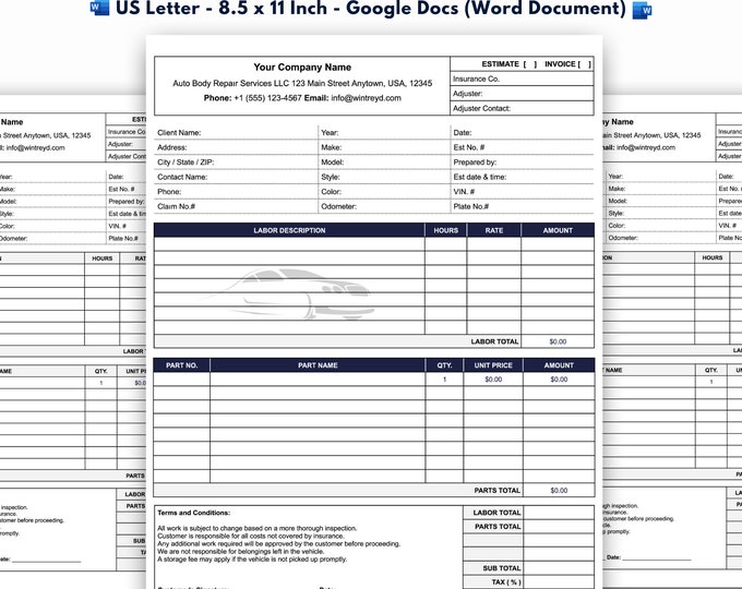 Auto Body Repair Estimate and Invoice Template, Google Docs (word ...
