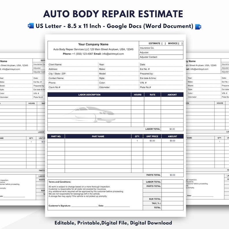 Auto Body Repair Estimate and Invoice Template, Google Docs (word ...
