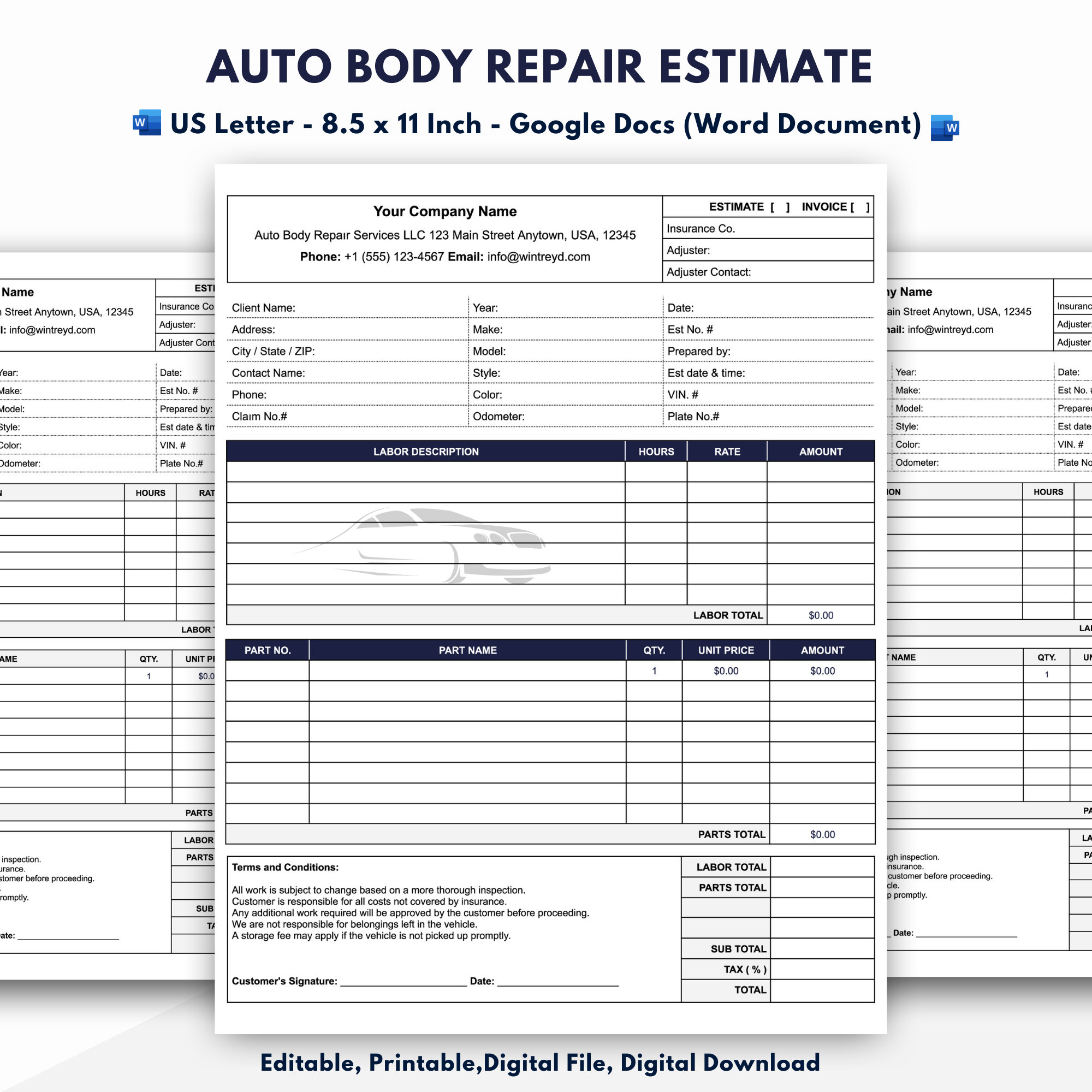 Auto Body Repair Estimate and Invoice Template, Google Docs (word ...