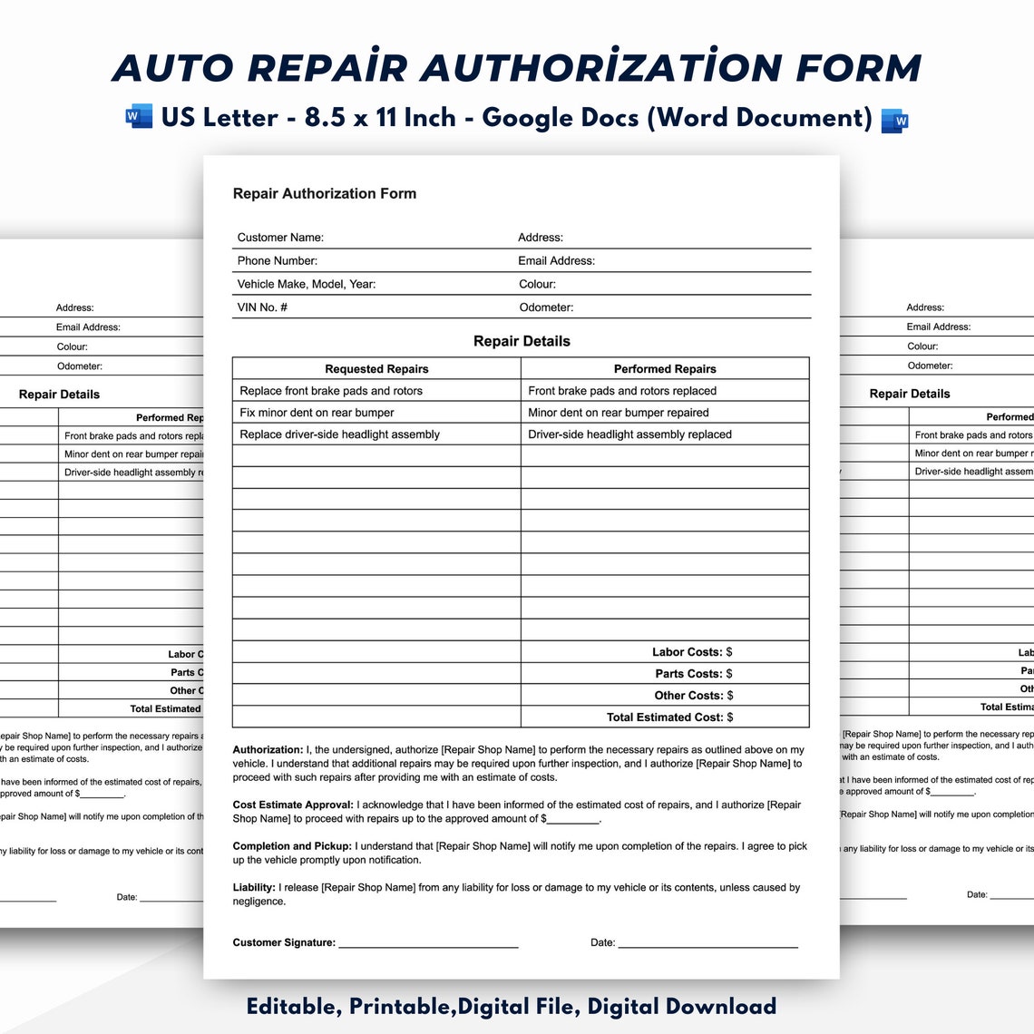 Repair Authorization Form Template, Editable Automotive Service Consent ...