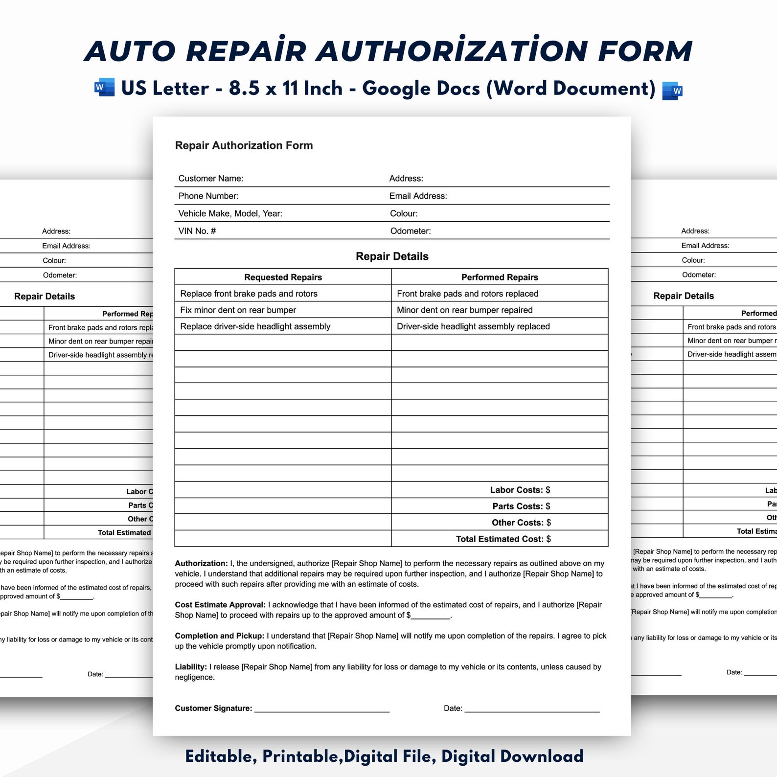 Repair Authorization Form Template, Editable Automotive Service Consent ...