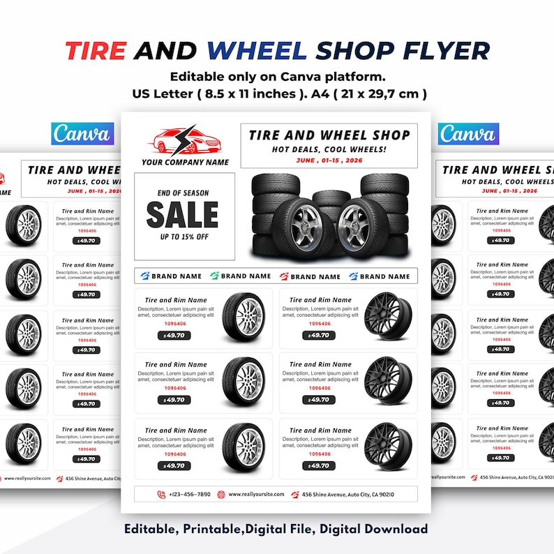 Tire and Rim Shop Flyer Template, Editable & Printable Design, Tire ...