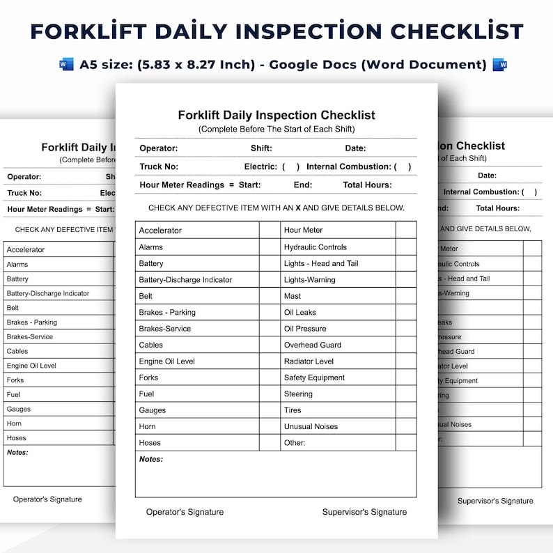 Forklift Daily Inspection Checklist Template Google Docs word Document ...