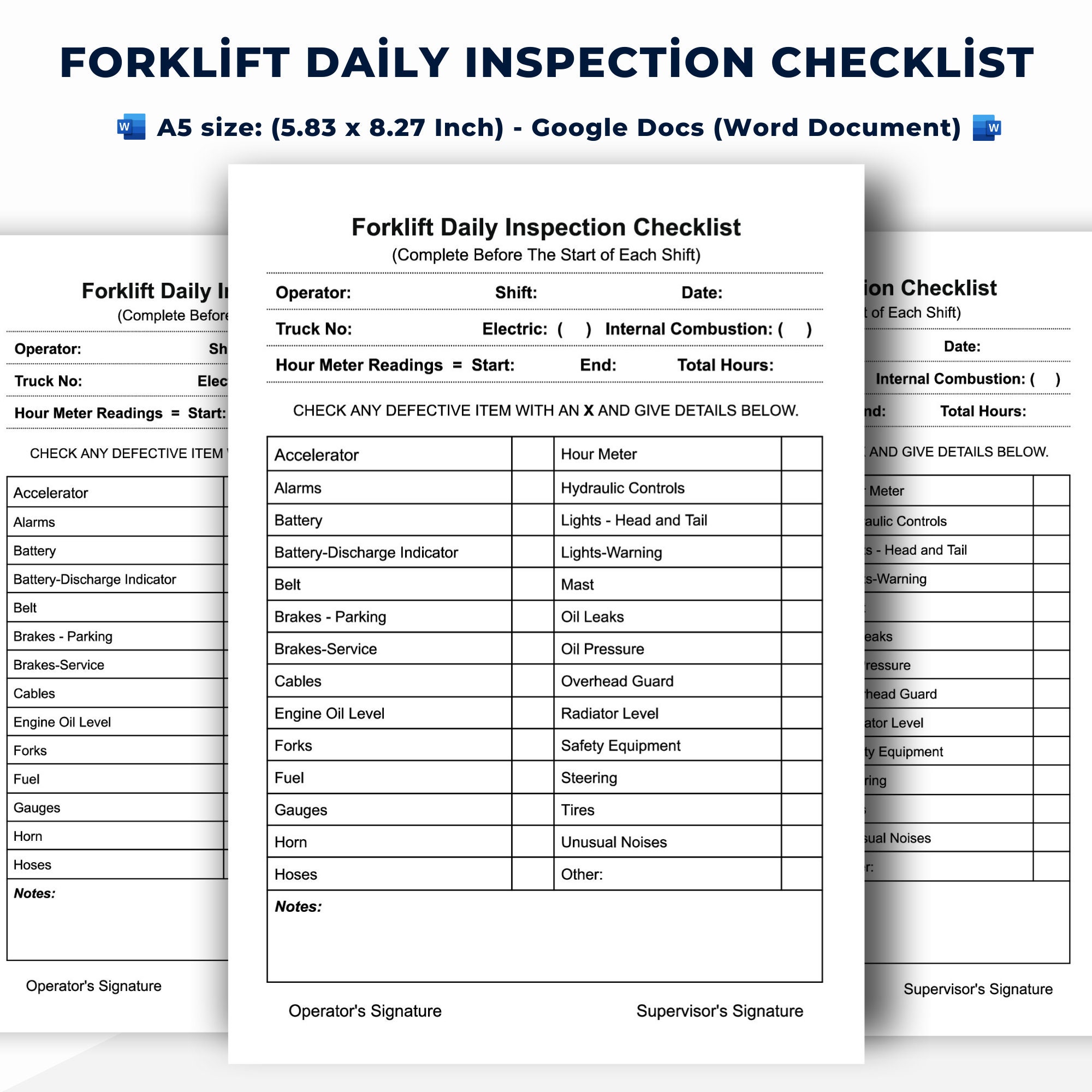 Forklift Daily Inspection Checklist Template Google Docs word Document ...