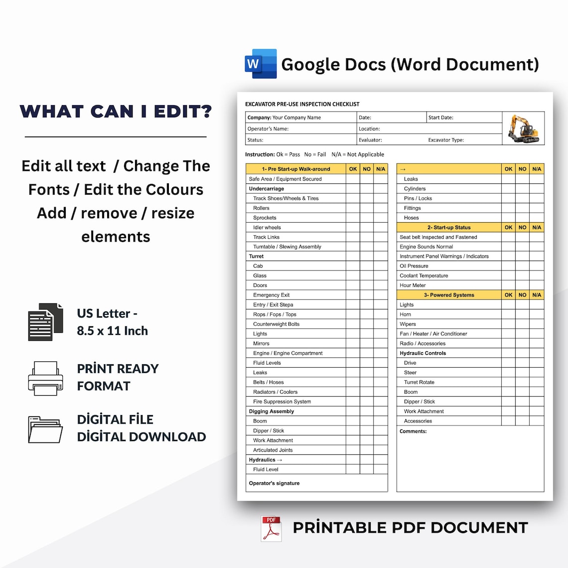 Excavator Pre-use Inspection Checklist Template (google Docs/word ...
