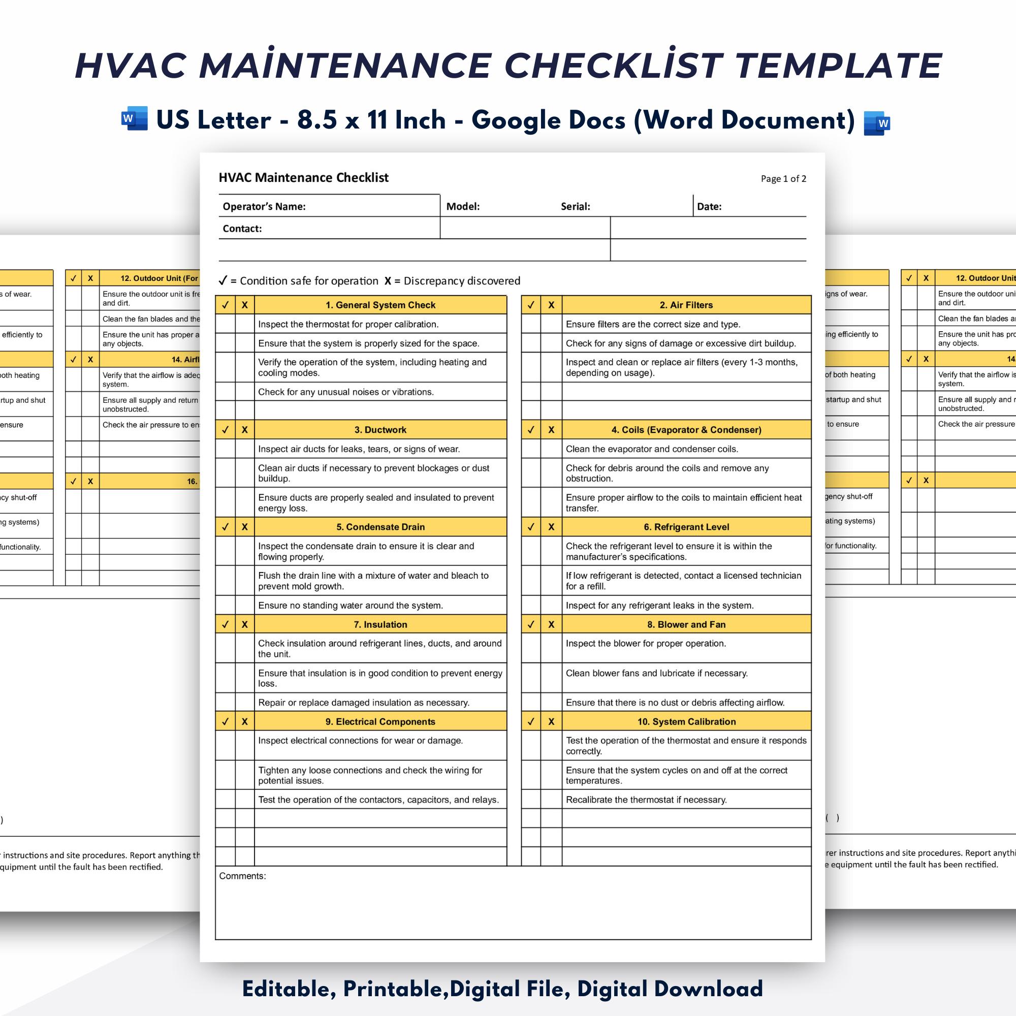 HVAC Maintenance Checklist Template: Google Docs (word Document) - Etsy