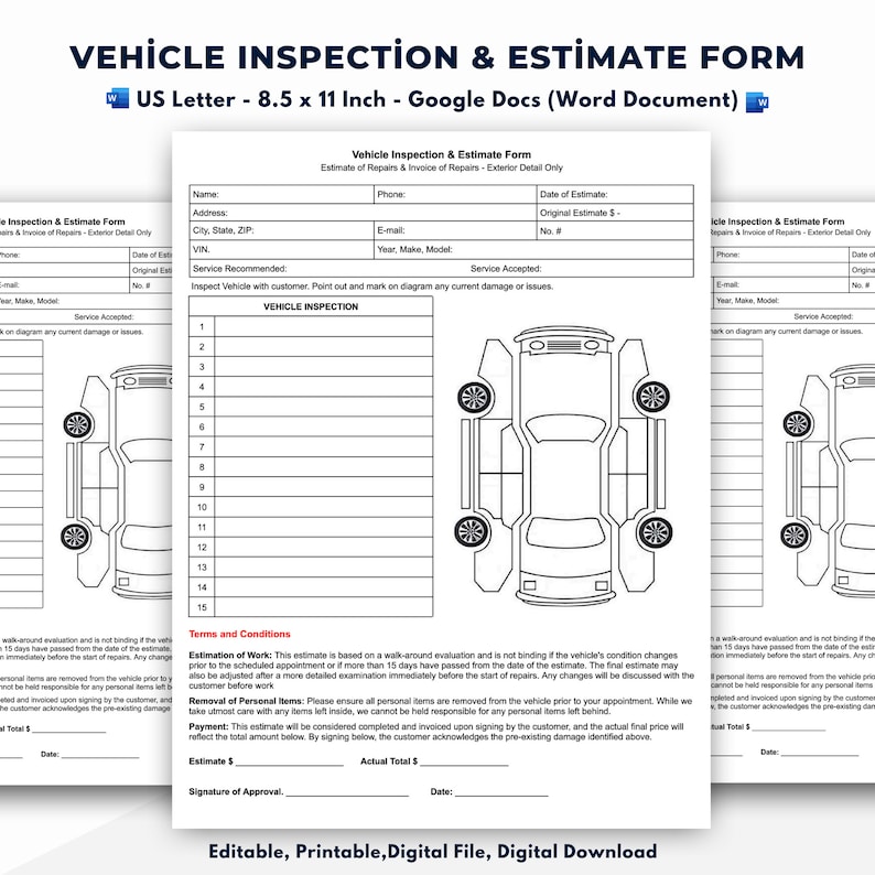 Vehicle Inspection and Estimate Form, Vehicle Inspection Report ...