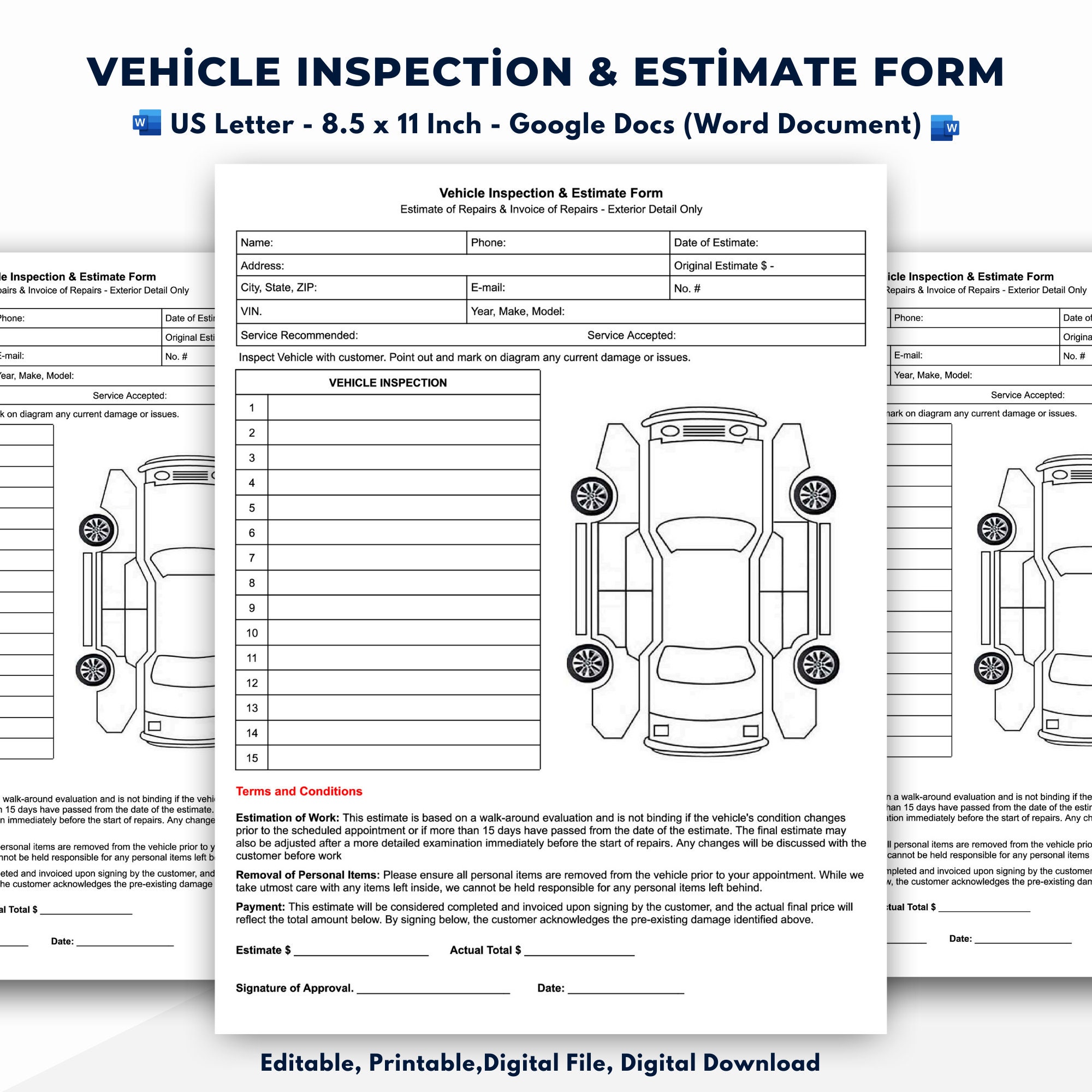 Vehicle Inspection Form: Exterior Detail Estimate (google Docs & PDF ...