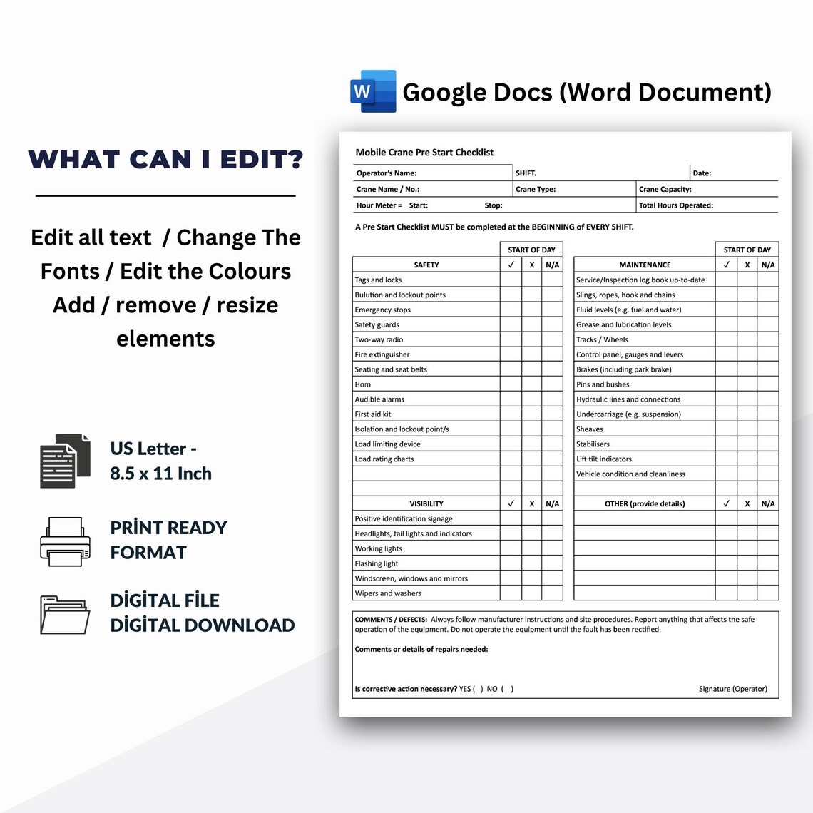 Mobile Crane Pre Start Checklist Template, Equipment Pre-start ...