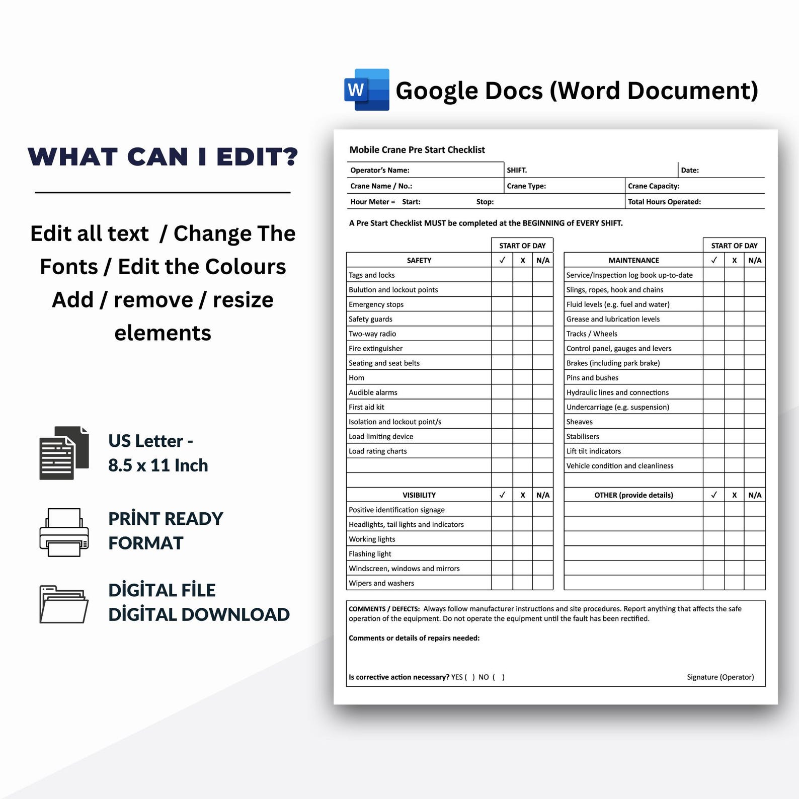 Mobile Crane Pre Start Checklist Template, Equipment Pre-start ...