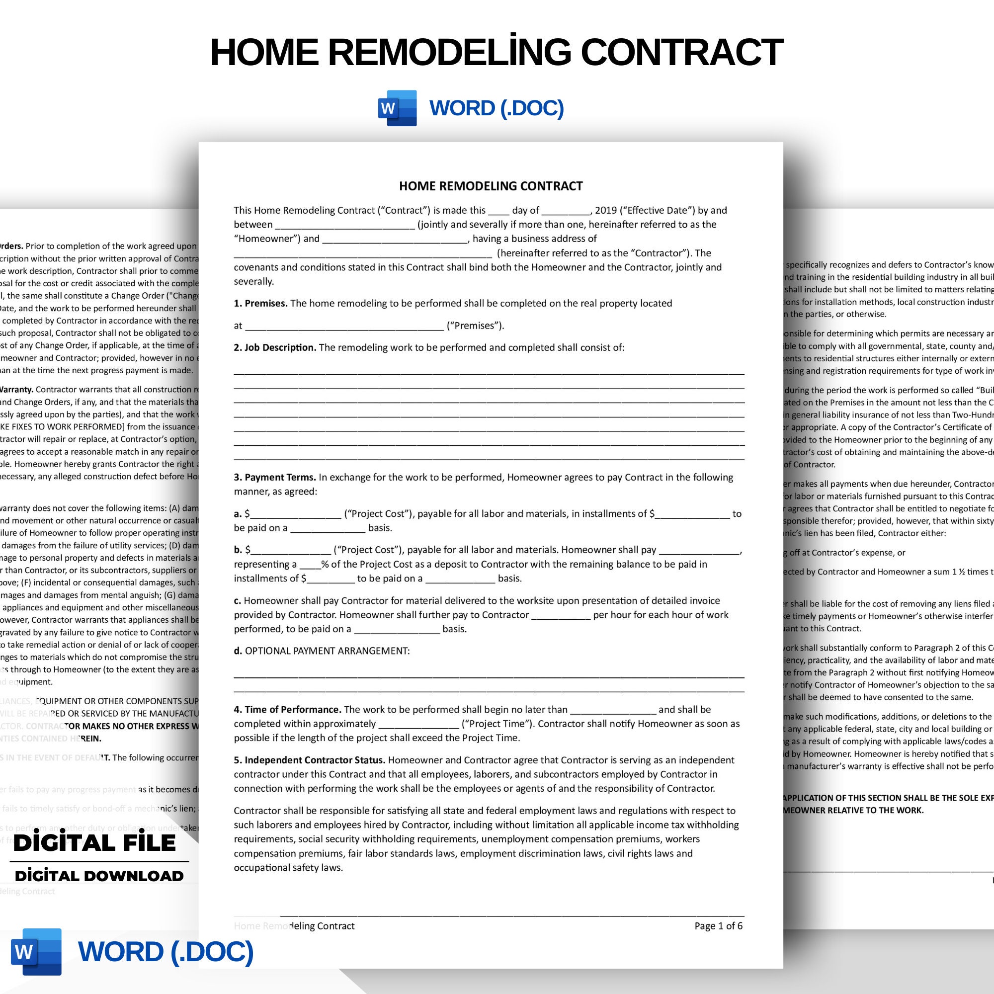 Home Remodeling Contract Template, Editable Remodeling Agreement for Contractors & Homeowners ...