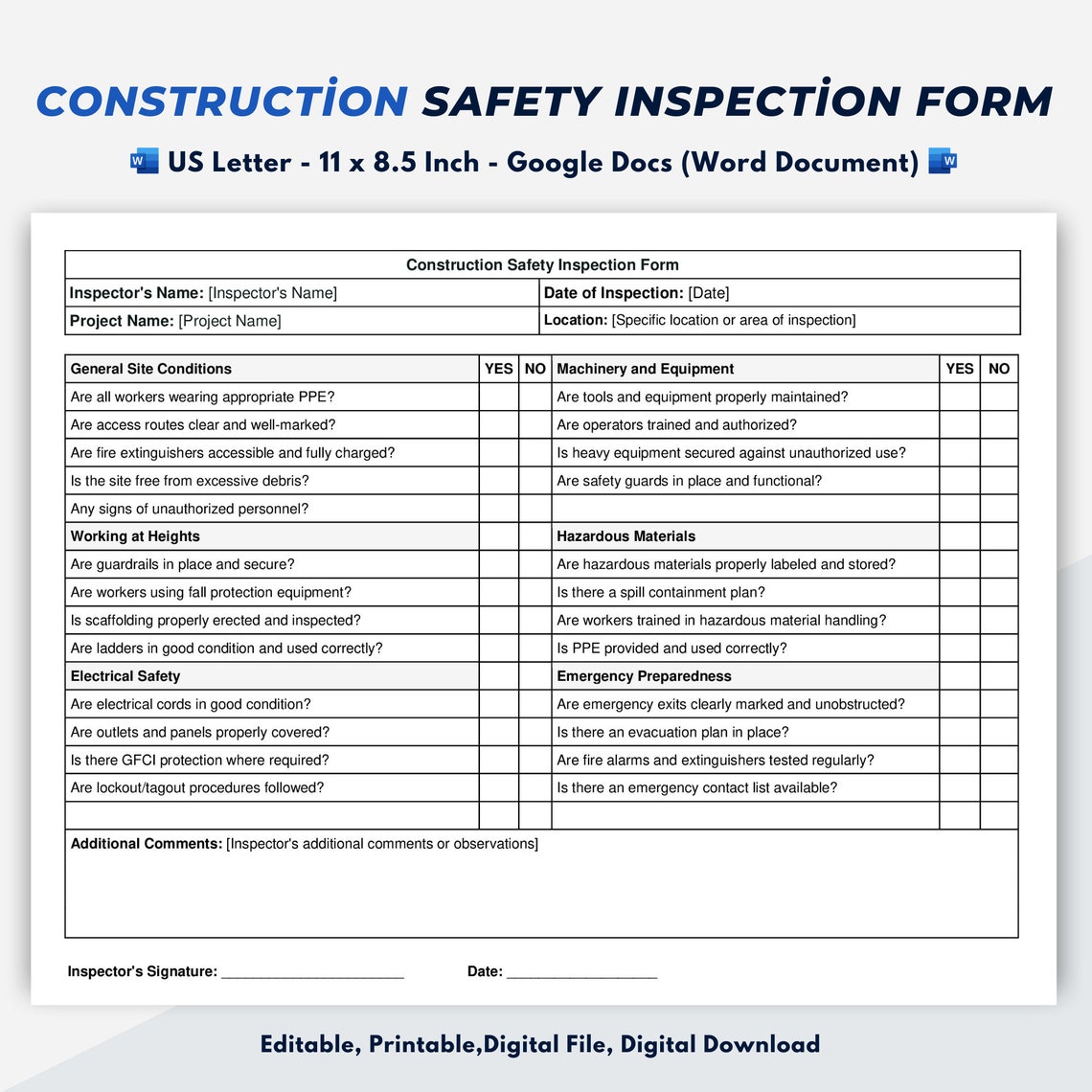 Construction Safety Inspection Form - Google Docs (word Document) - Etsy