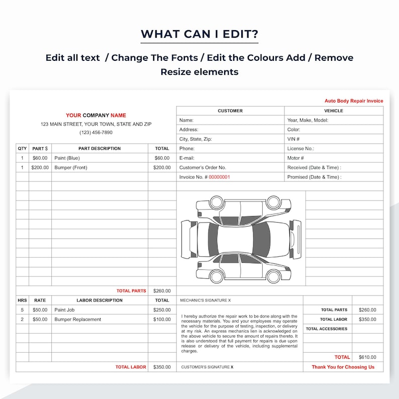 Auto Body Repair Invoice Template, Google Docs (word Document) - Etsy