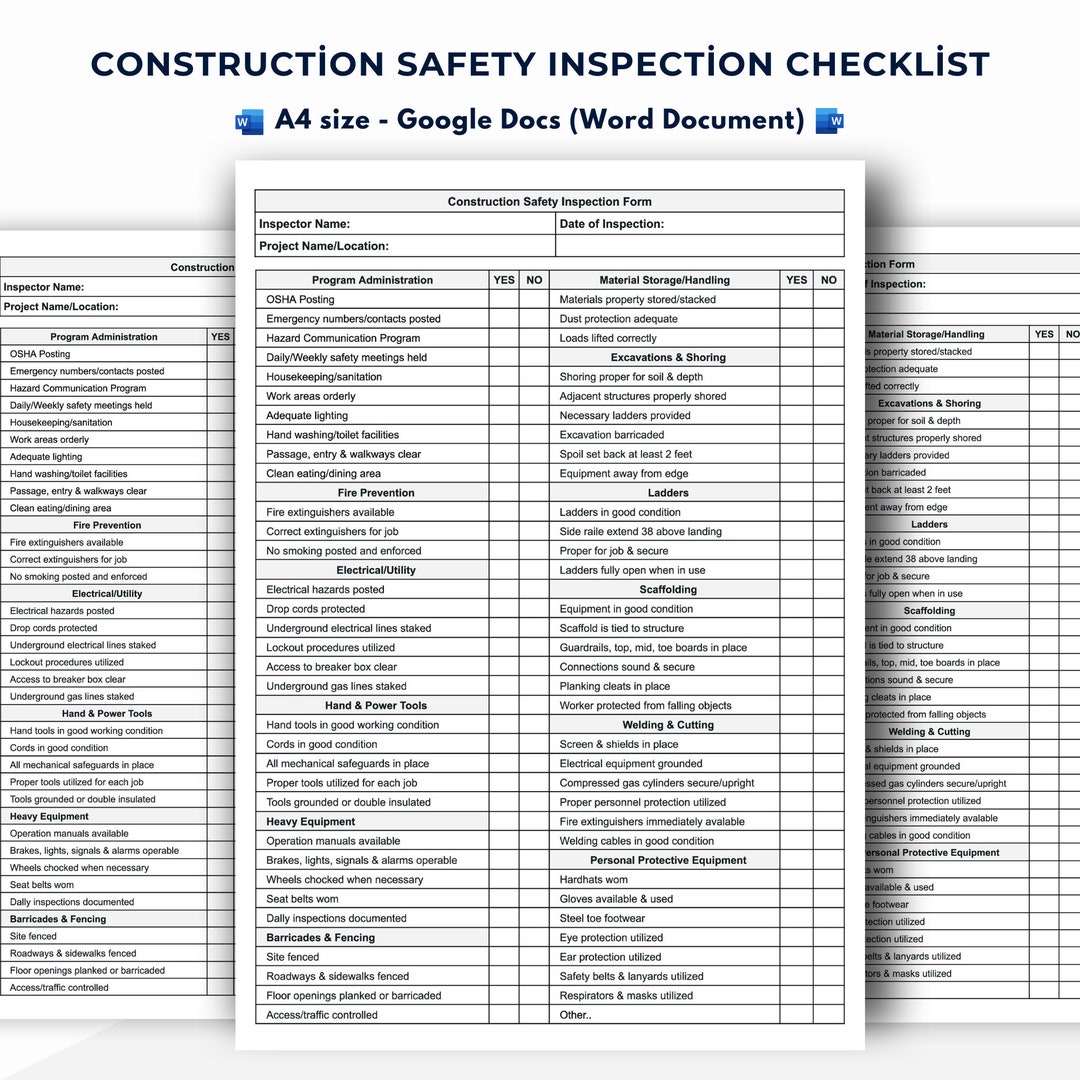 Construction Safety Inspection Form - Workplace Safety Checklist - Etsy