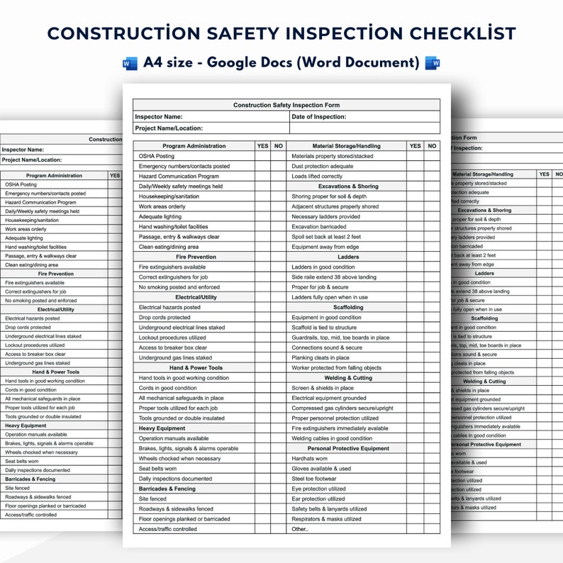 Construction Safety Inspection Form - Workplace Safety Checklist - Etsy