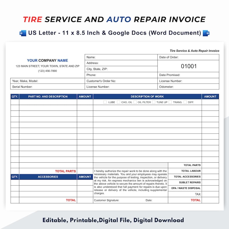 Auto Repair Invoice Template, Tire Service Order Form - Etsy