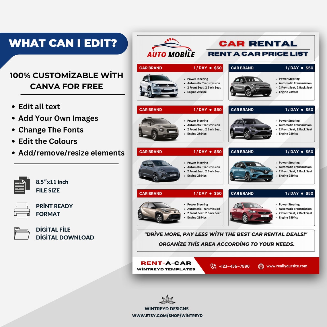 Car Rental Price List Template, Printable Rent-a-car Form (digital ...