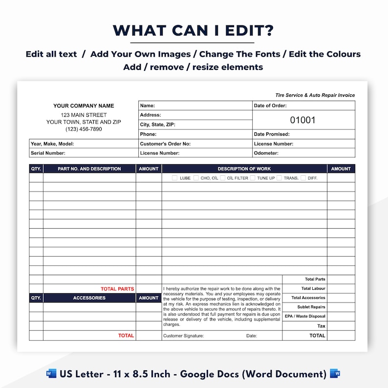 Buy Auto Repair Invoice Template: Tire Service Order Form (google Docs ...