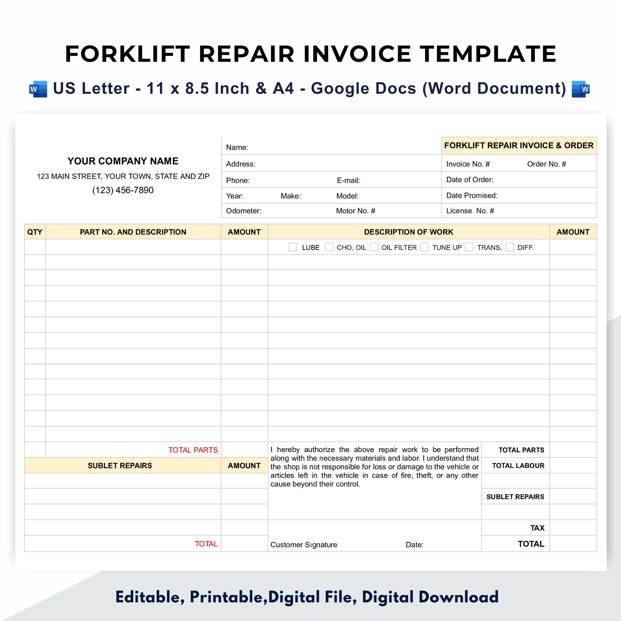 Forklift Repair Invoice Template: Order & Estimate Form (google Docs ...