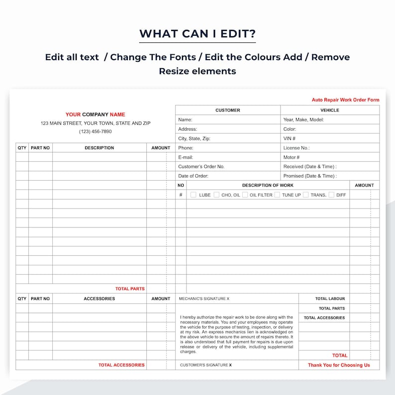 Auto Repair Work Order Template, Google Docs (word Document) - Etsy ...
