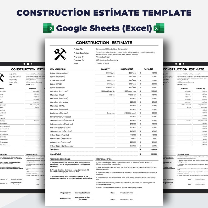 Construction Estimate Template - Professional Project Management Tool ...