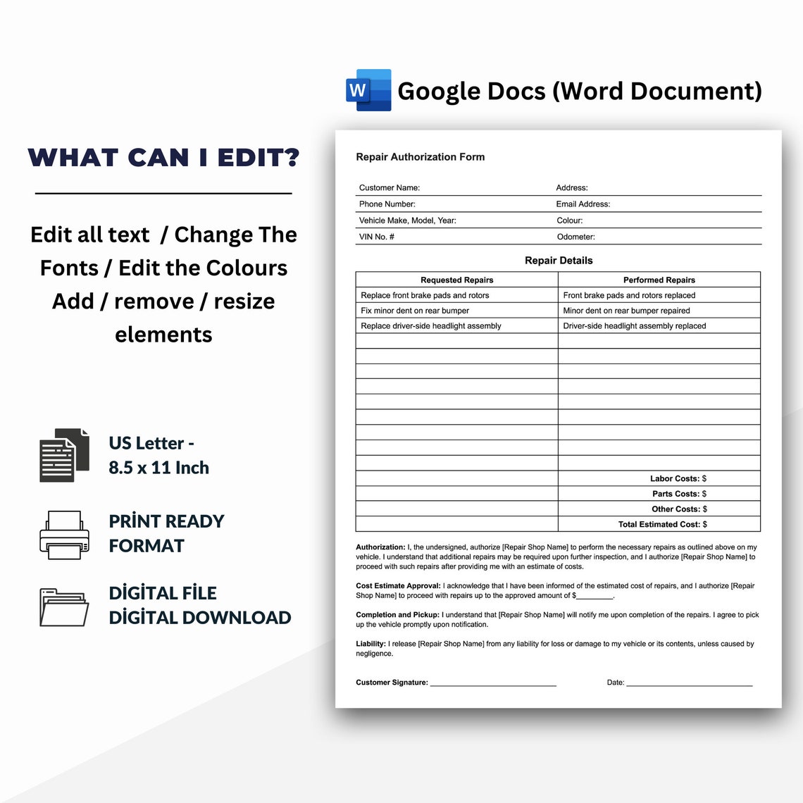 Repair Authorization Form Template, Editable Automotive Service Consent ...