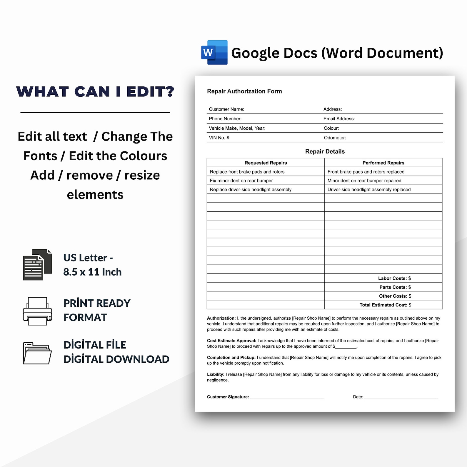 Repair Authorization Form Template, Editable Automotive Service Consent ...