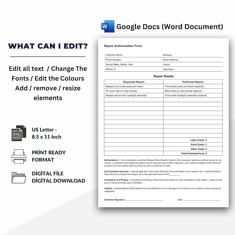 Repair Authorization Form Template, Editable Automotive Service Consent ...